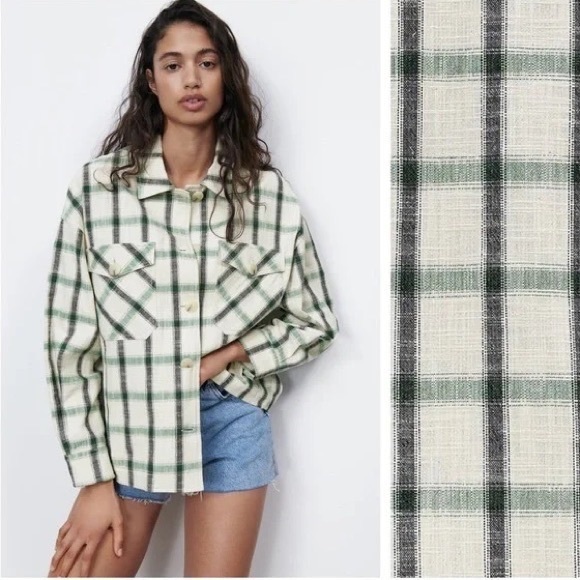 Zara | Jackets & Coats | Zara Green Cream Plaid Oversized Button Down ...